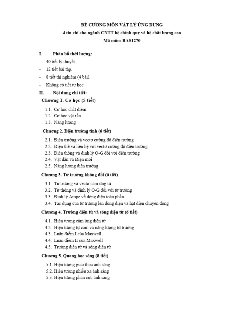 Đề Cương Môn Vật Lý Ứng Dụng Cho CNTT | PDF