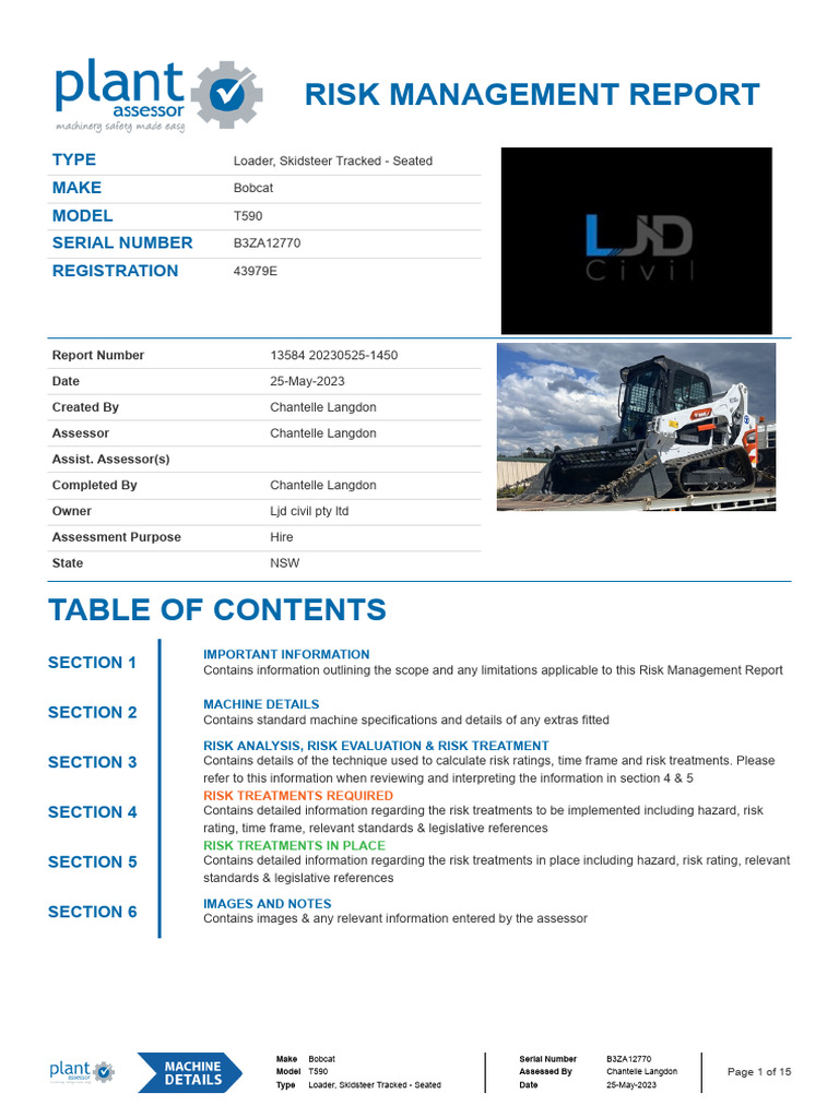2021 Bobcat T590 Skidsteer - Risk Assessment - LJD Civil Pty LTD | PDF | Occupational Safety And ...
