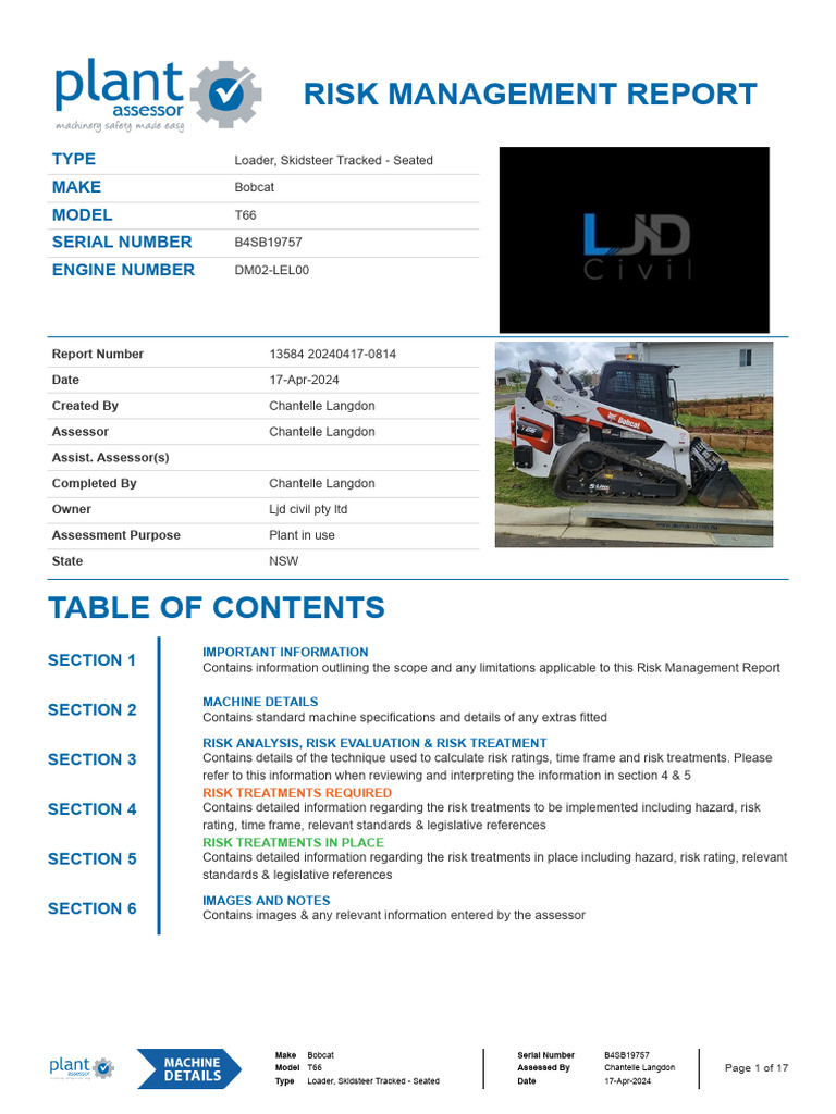 RISK ASSESSMENT - 2021 Bobcat T66 Skid Steer - LJD Civil Pty LTD | PDF ...