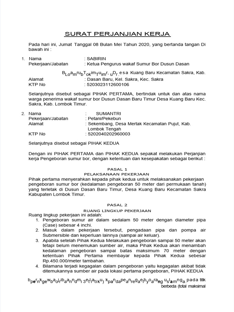 PDF Surat Perjanjian Kerja Sumur Bor | PDF