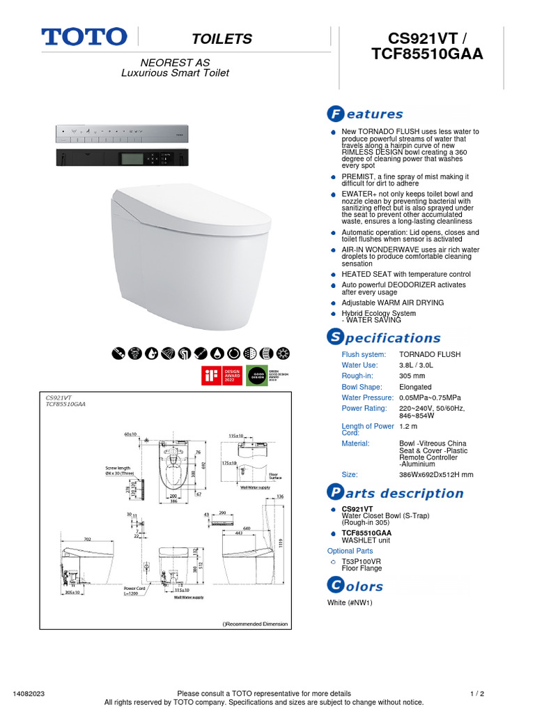 TOTO Smart Toilet Features Overview | PDF | Toilet | Water