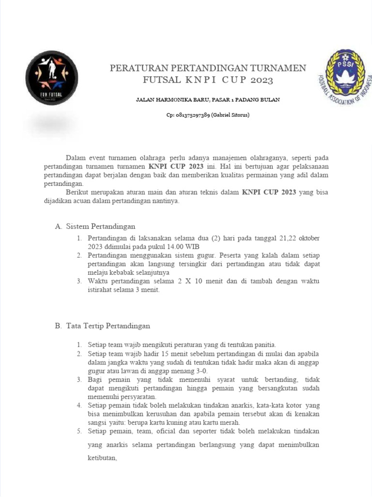 Aturan Turnamen Futsal KNPI CUP 2023 | PDF