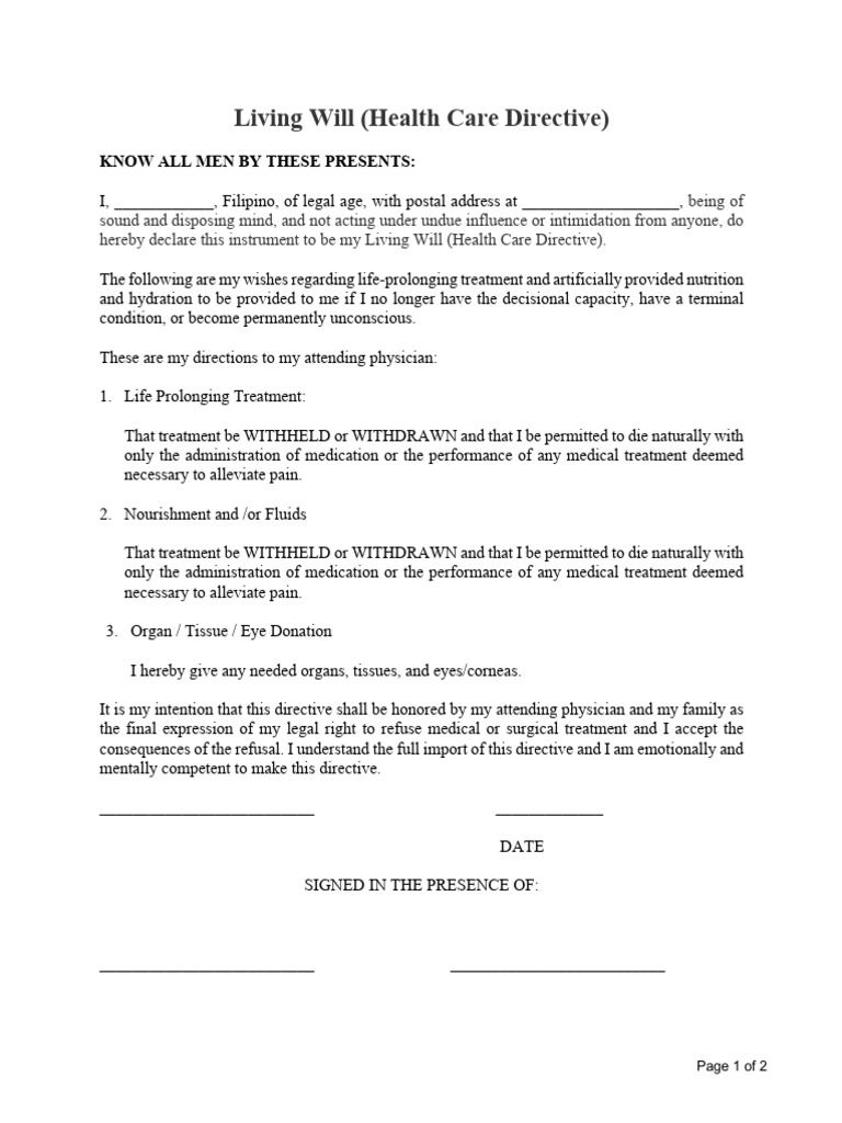 Living Will Declaration Template | PDF | Health Care | Medicine