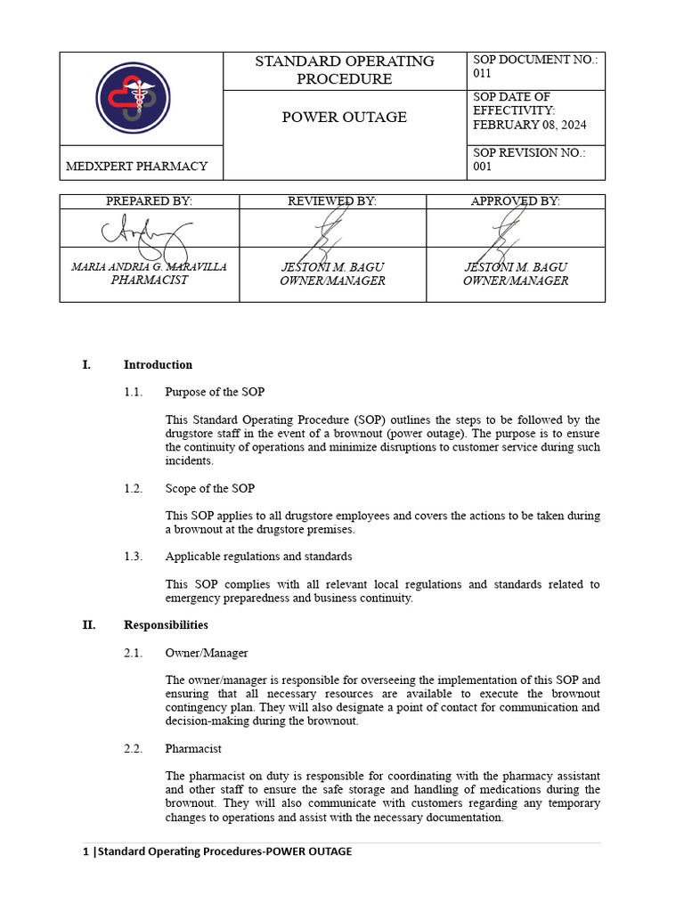 Sop - Brownout Contingency Plan and Power Restoration | PDF | Pharmacy | Records Management