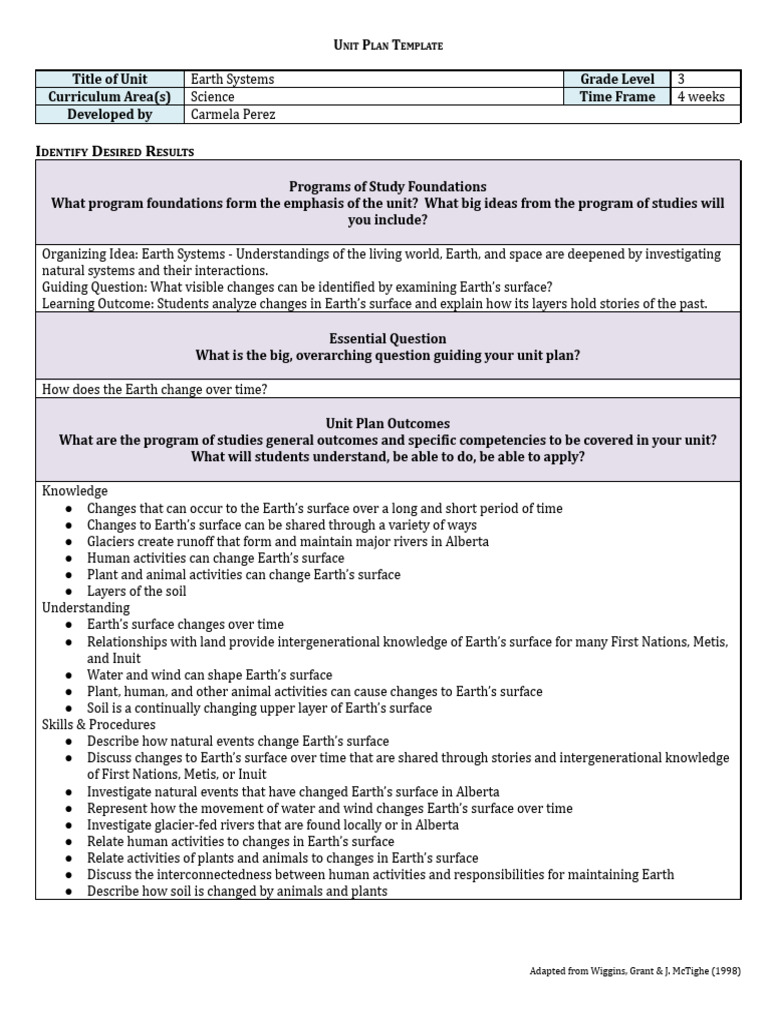 Grade 3 Earth Systems Unit Plan | PDF | Educational Assessment | Learning