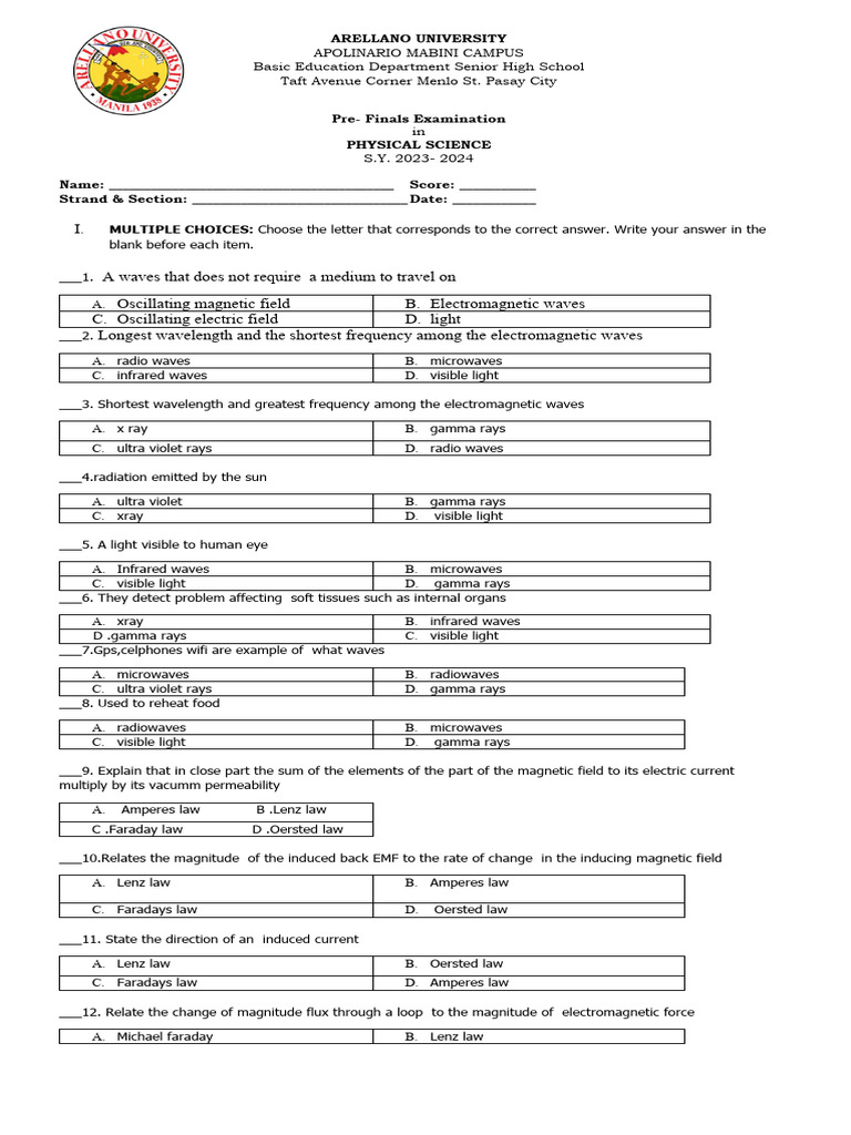 Pre Finals Examination General Physics 2 | PDF | Magnetic Field | Electromagnetic Radiation
