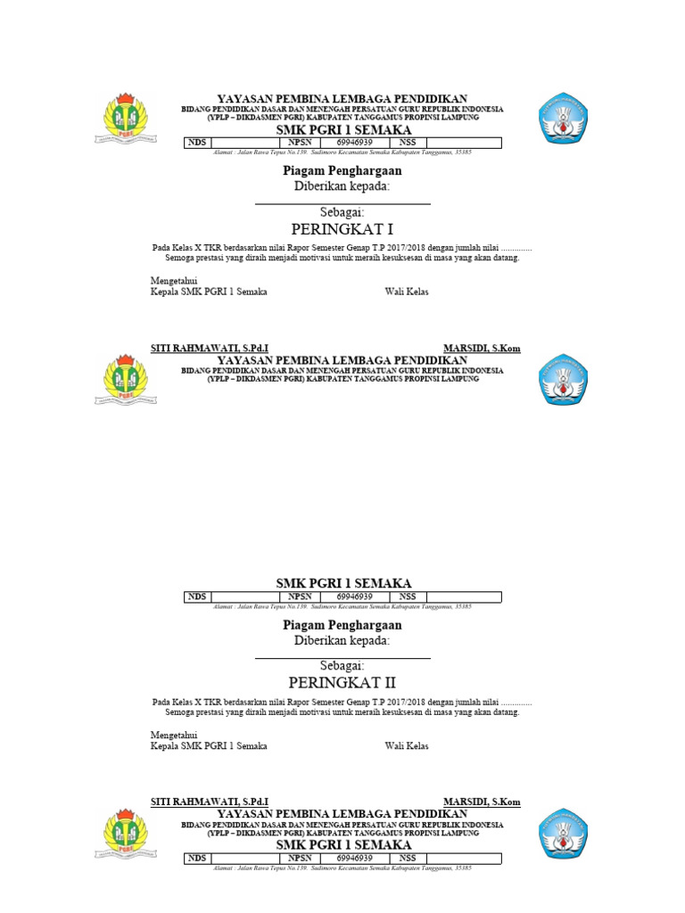 (Format) Piagam Prestasi SMK | PDF