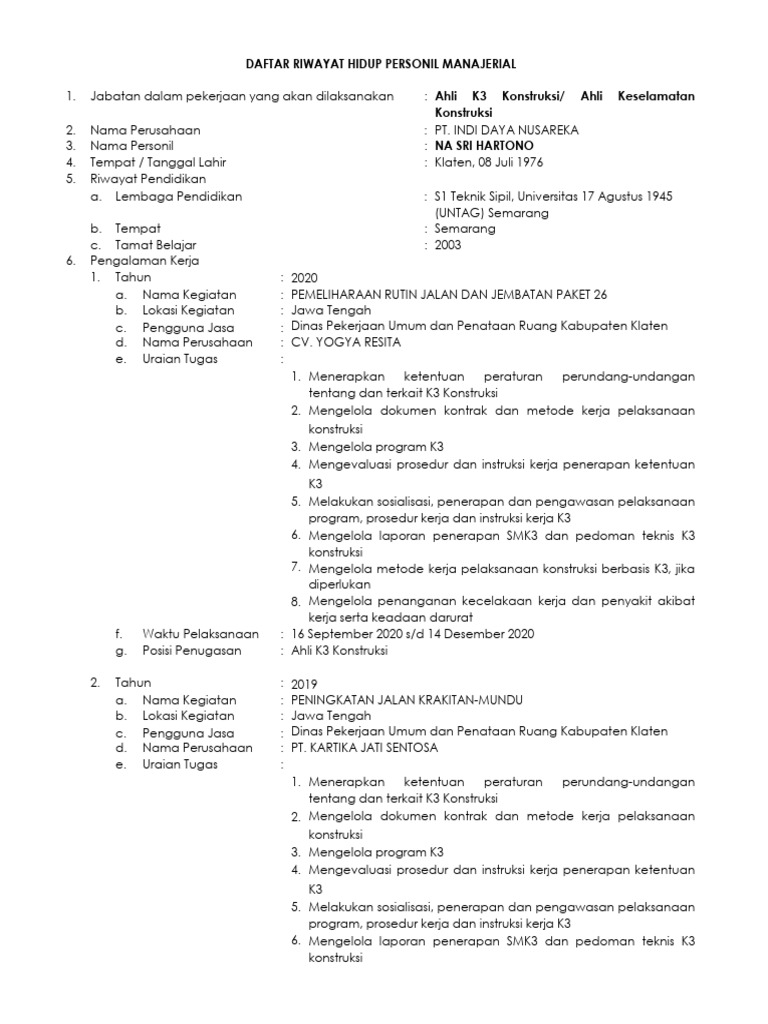 2.5.4.1. CV Ahli K3 NA Sri Hartono | PDF