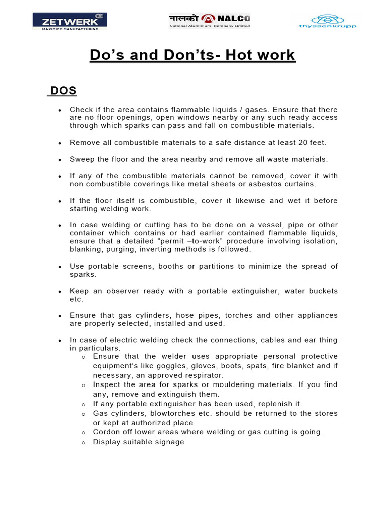 Dos & Dont S For Hot Job | PDF | Welding | Construction