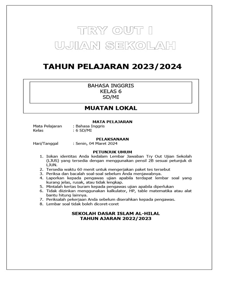 SOAL TO 1 KELAS 6 B.ING 2024 | PDF | Cooking | Cuisine