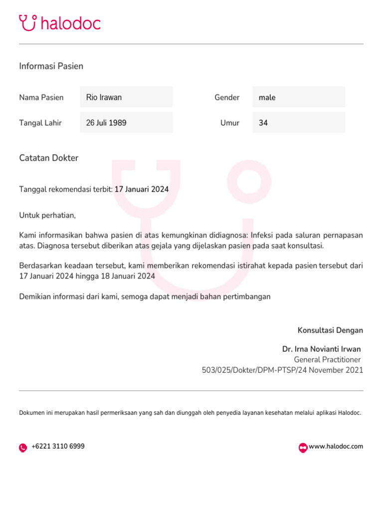 Surat Sakit Pasien Halodoc | PDF | Pengembangan Diri