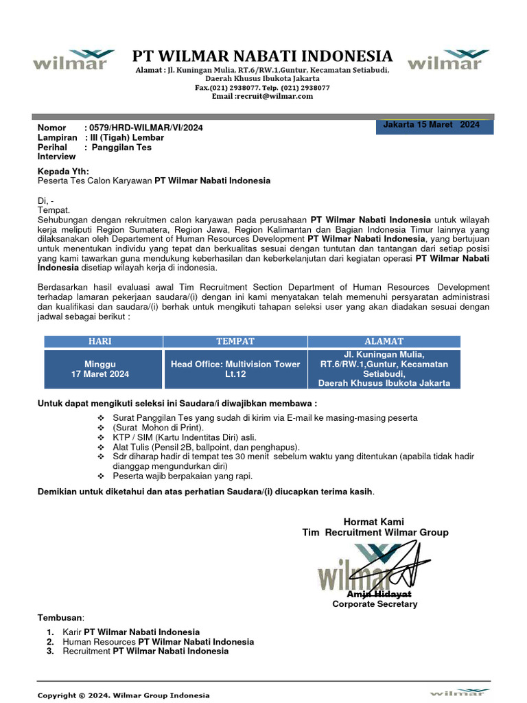 Interview PT. Wilmar Nabati Indonesia 2024 | PDF