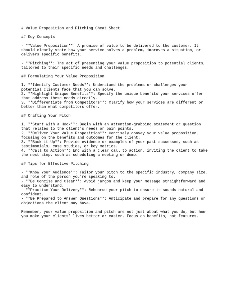 Value Proposition and Pitching Cheat Sheet | PDF