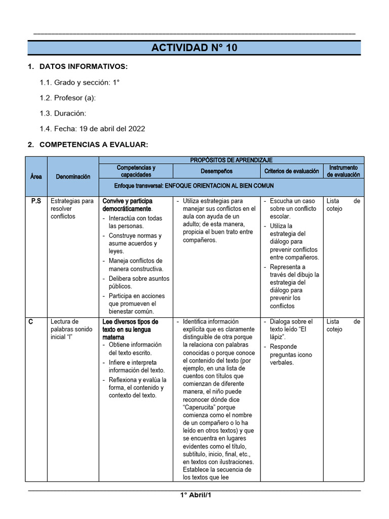 1° Grado - Actividad Del Dia 19 de Abril | PDF | Evaluación