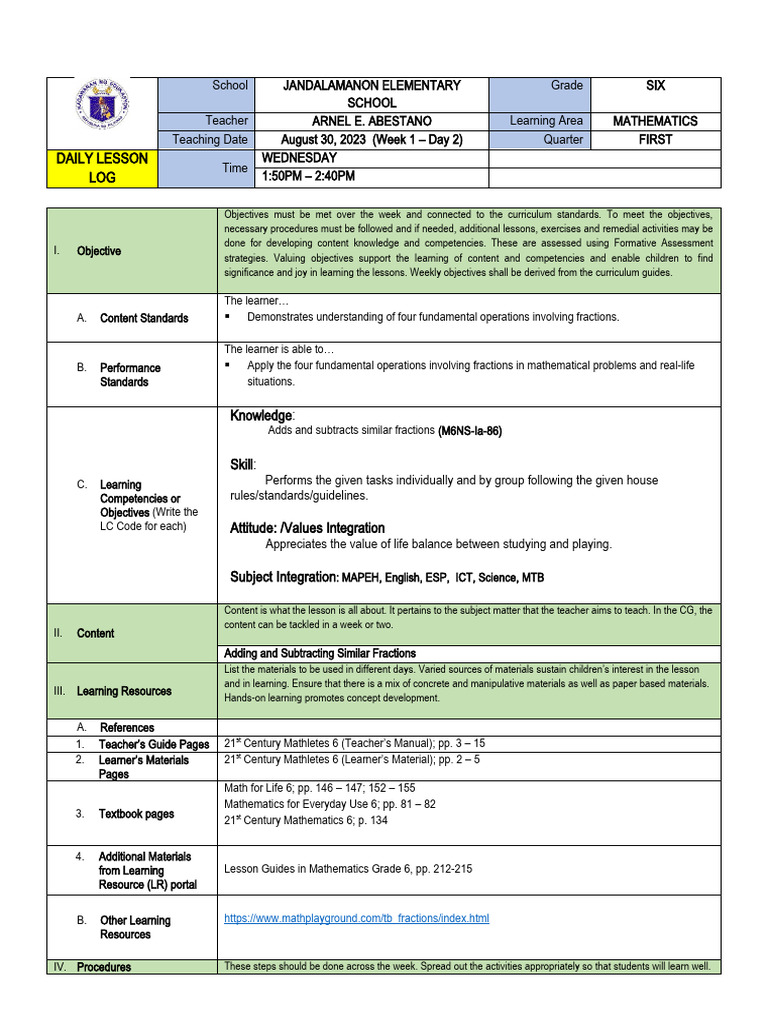 Math 6 Q1 Week1 Day1 | PDF | Learning | Teachers