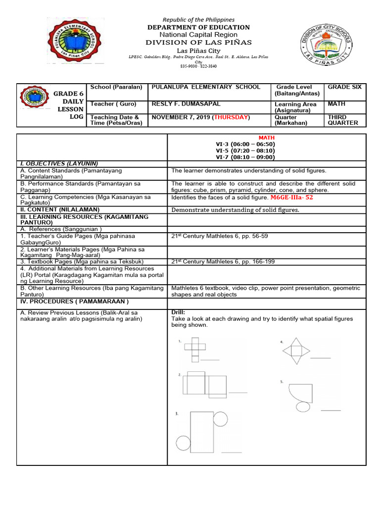 Cot 3 DLL Solid Figures | PDF | Shape | Vertex (Geometry)