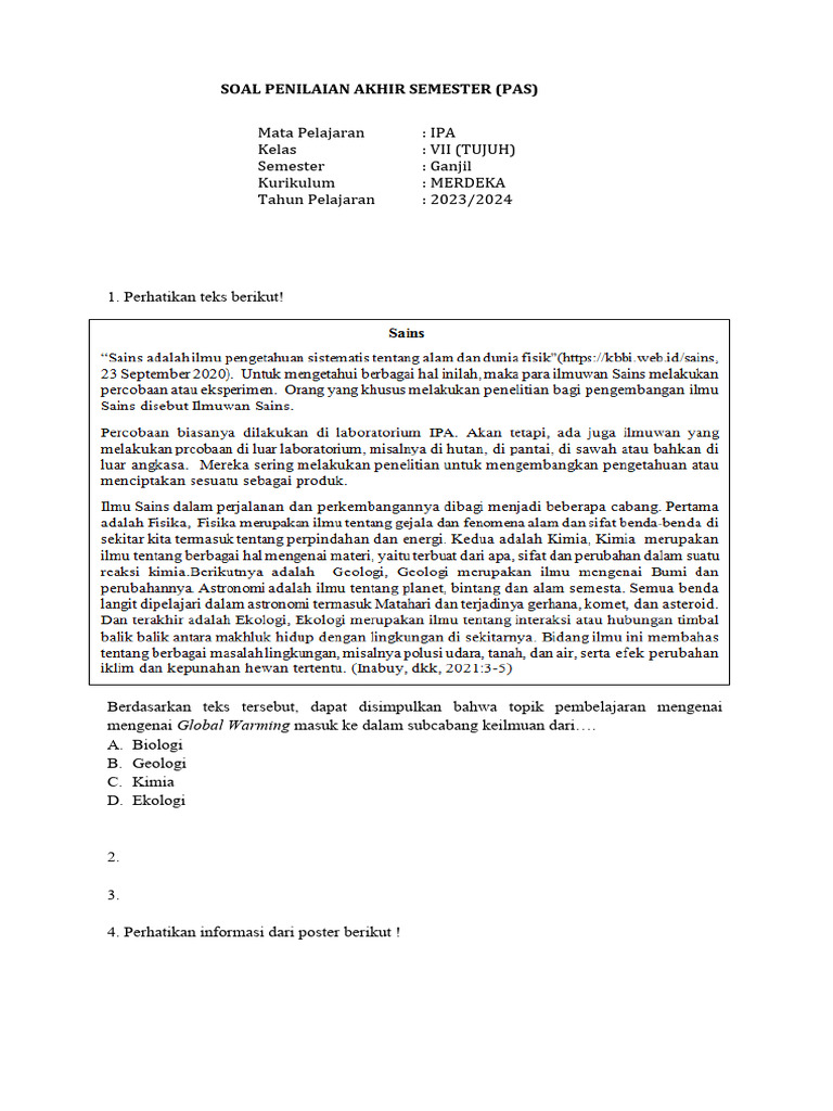 Soal Pas Ipa Kelas 7 Ganjil 2023 | PDF