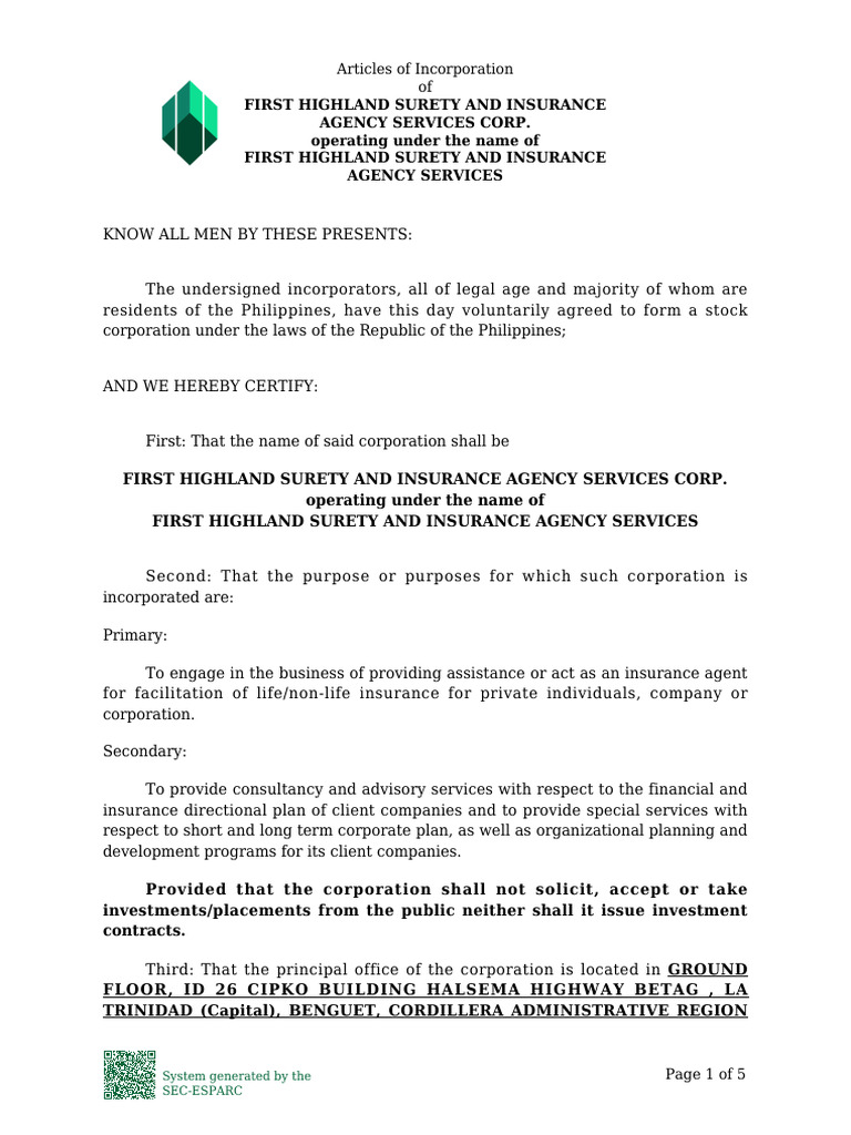 Articles of Incorporation Stock Corp | PDF | Insurance | Corporations