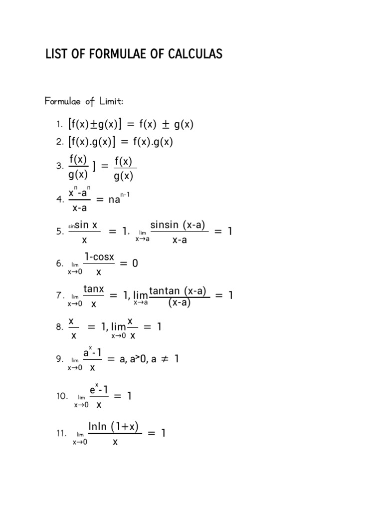 List of Formulas of Calculus | PDF | Trigonometric Functions ...