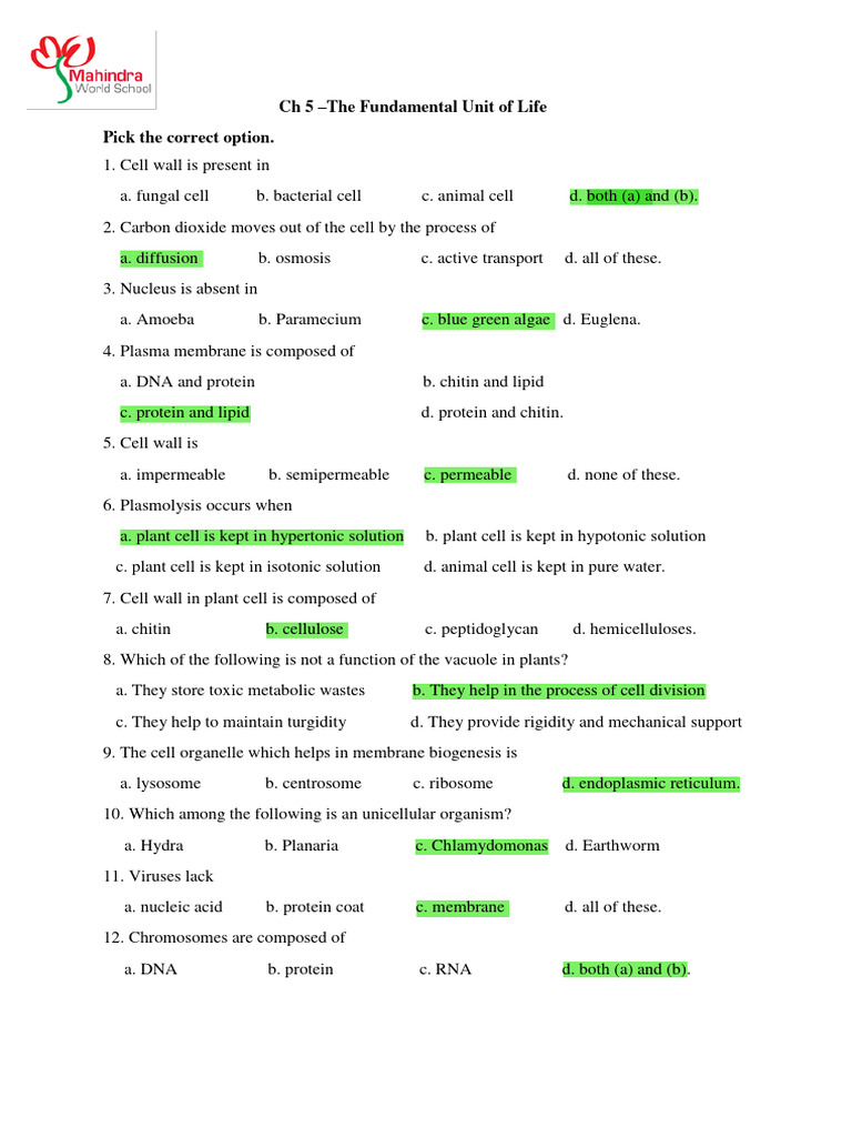 Cell Biology Quiz: Fundamental Concepts | PDF | Cell (Biology) | Vacuole