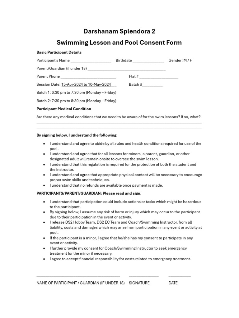 DS2 - Swimming Lesson and Pool Consent Form | PDF | Consent