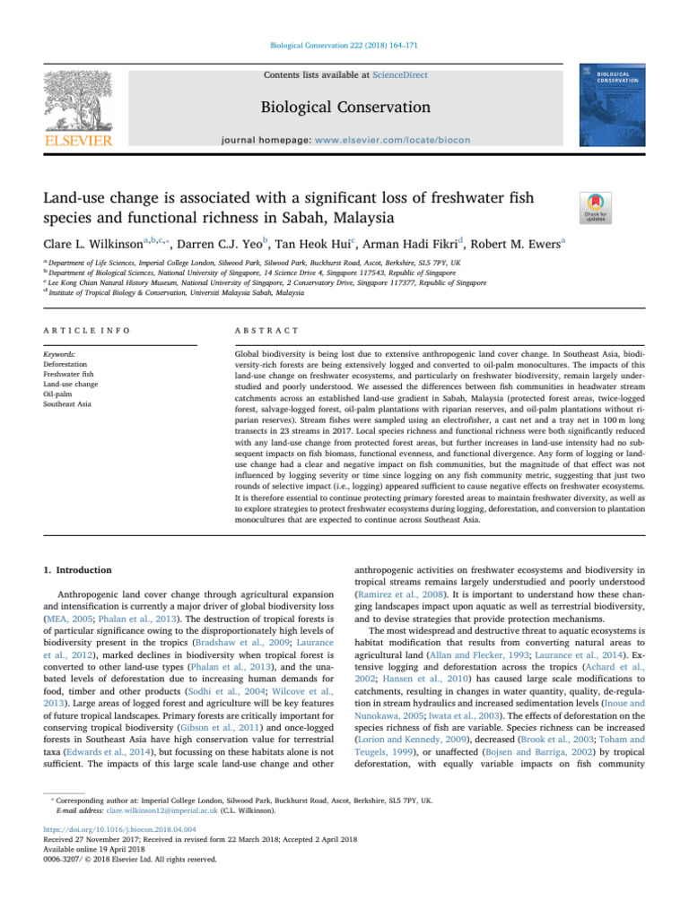 Land-Use Change Impacts on Sabah Fish | PDF | Biodiversity | Deforestation
