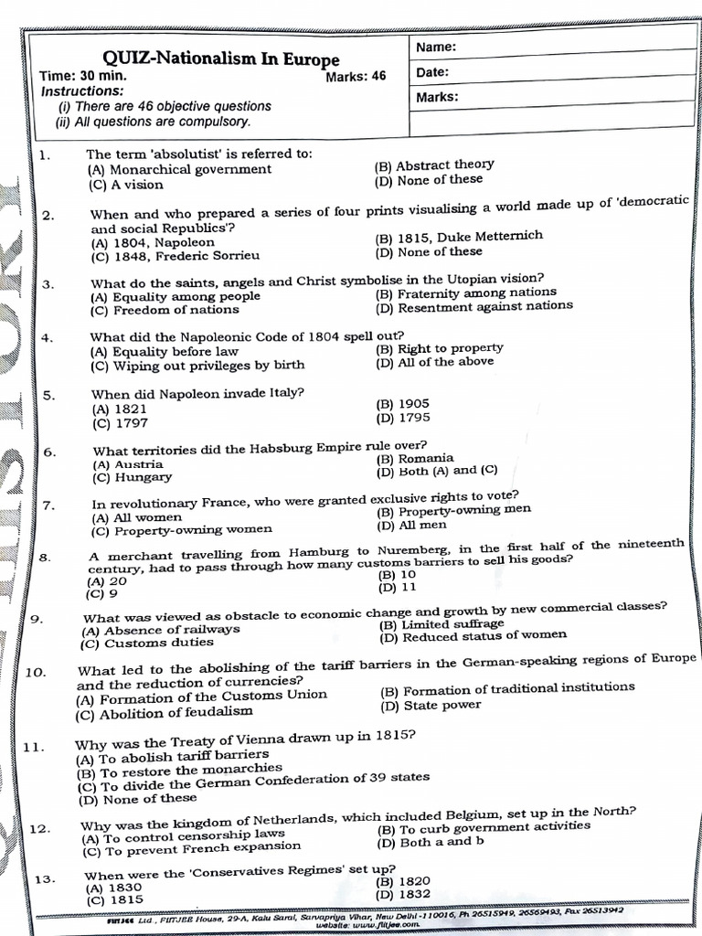 Quiz on Nationalism in Europe | PDF | Europe