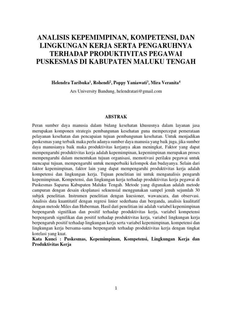 Analisis Kepemimpinan, Kompetensi, Dan Lingkungan Kerja Serta Pengaruhnya Terhadap Produktivitas ...