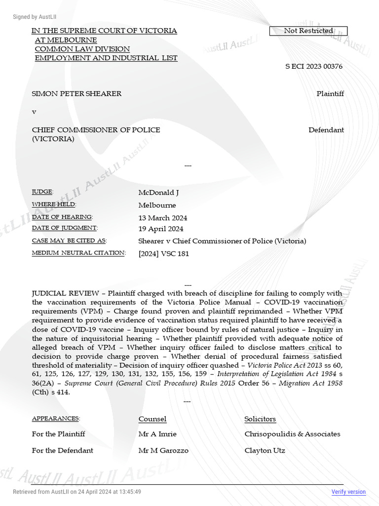 Victoria Police Loses Supreme Court Appeal Over Validity of Vaccine Mandate | PDF | Judgment ...
