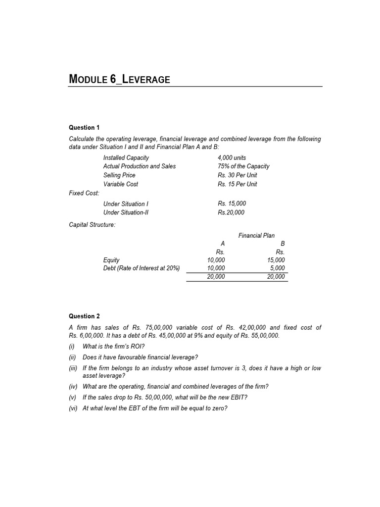 Module 6 Leverage Questions | Download Free PDF | Leverage (Finance) | Equity (Finance)