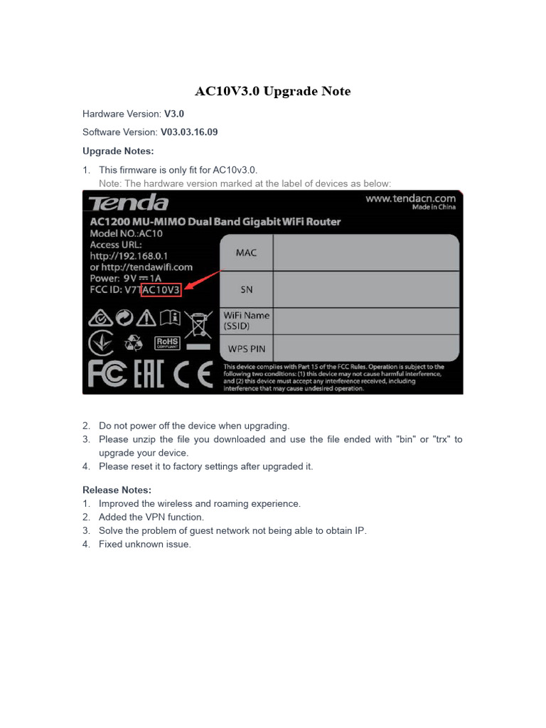 AC10v3.0 Firmware Upgrade Note | PDF
