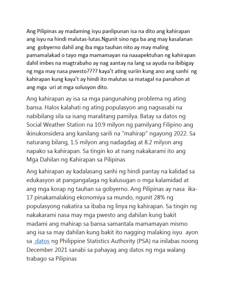Ang Pilipinas Ay Madaming Isyu Panlipunan Isa Na Dito Ang Kahirapan Ang ...