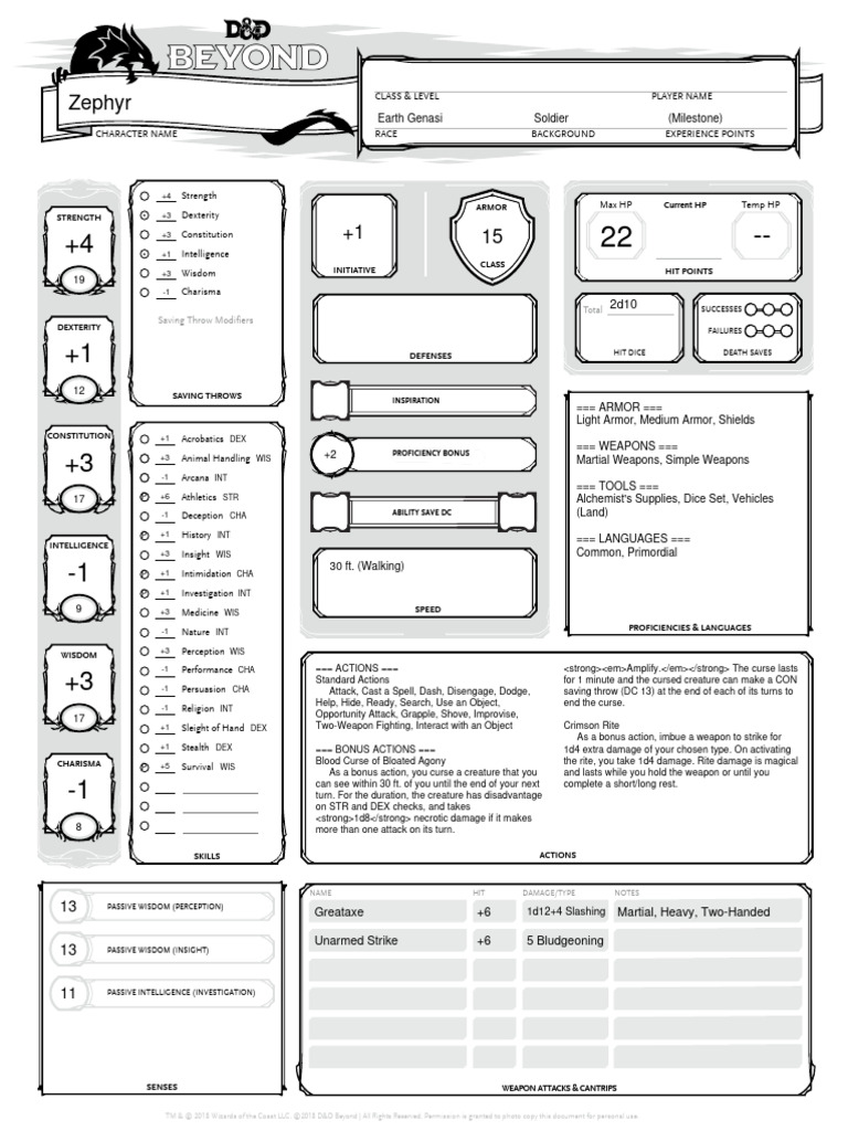 Zephyr Character Sheet | PDF