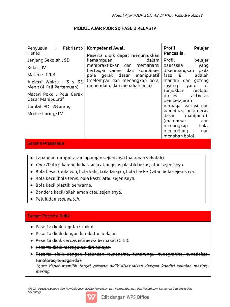 Modul Ajar PJOK Kls 4 - Pola Gerak Manipulatif | PDF