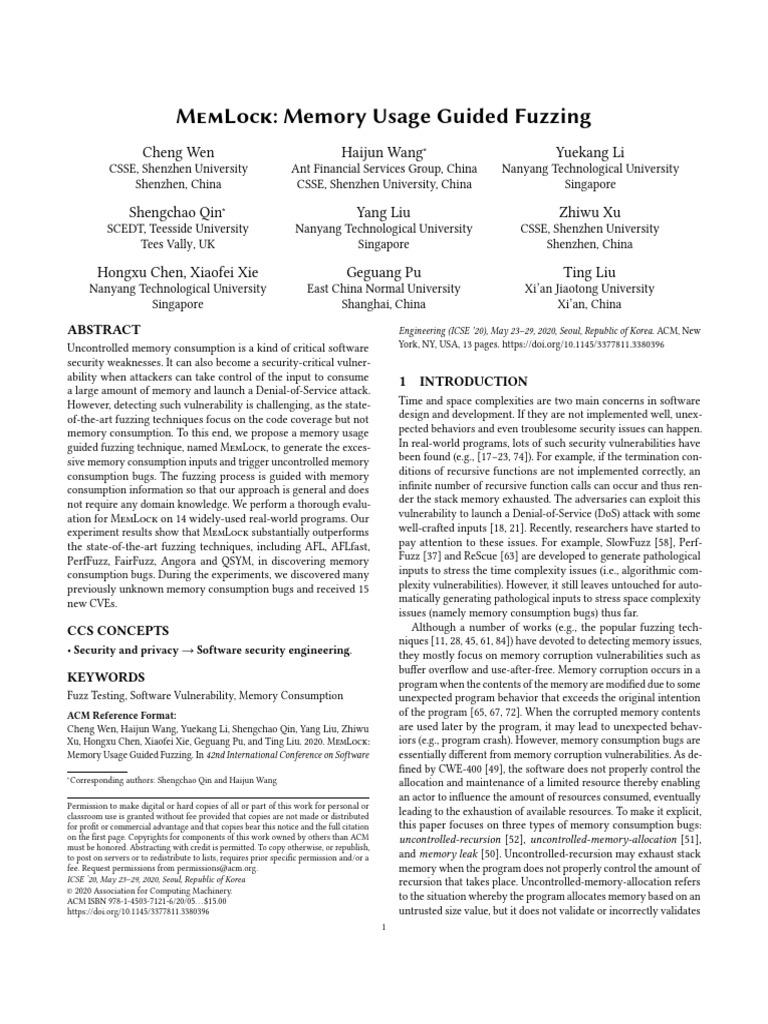 2020memlock Memory Usage Guided Fuzzing Pdf Computer Programming Computing
