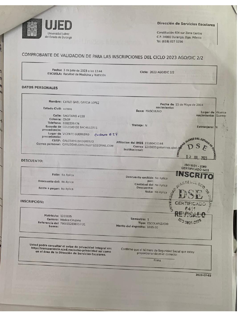 Ficha Inscripción Sellada en Servicios Escolares Ujed | PDF