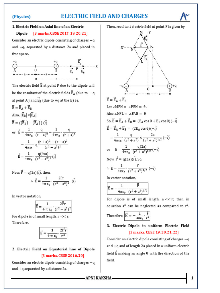CBSE Physics: Electric Fields | PDF | Dipole | Mathematical Physics