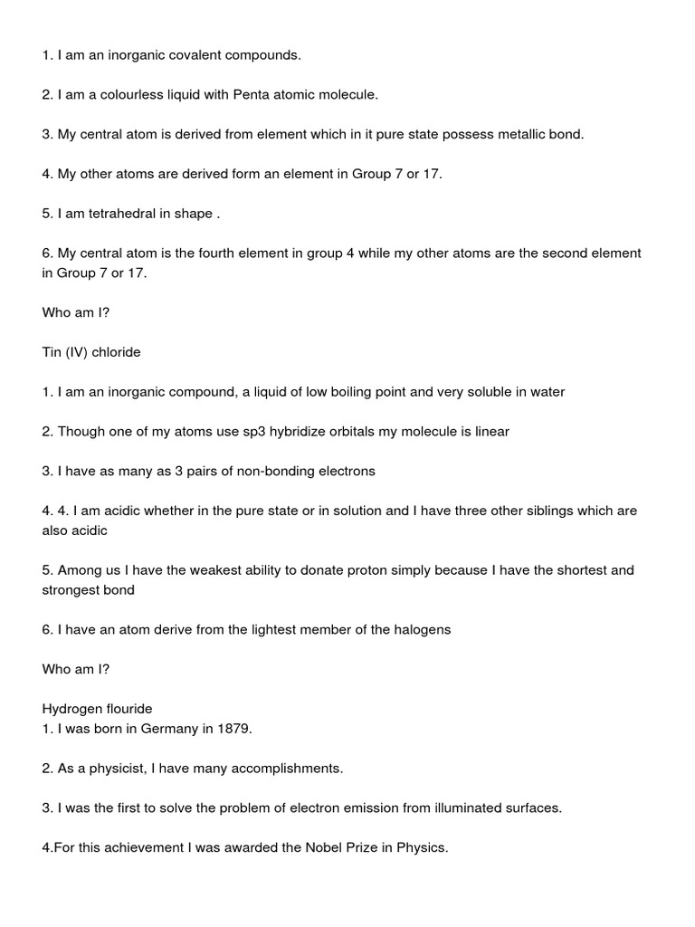 NSMQ Riddles | Download Free PDF | Chemical Bond | Atoms