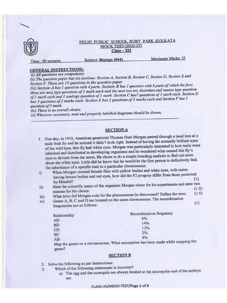 CL 12 Mock Test Biology 2022-23 | PDF
