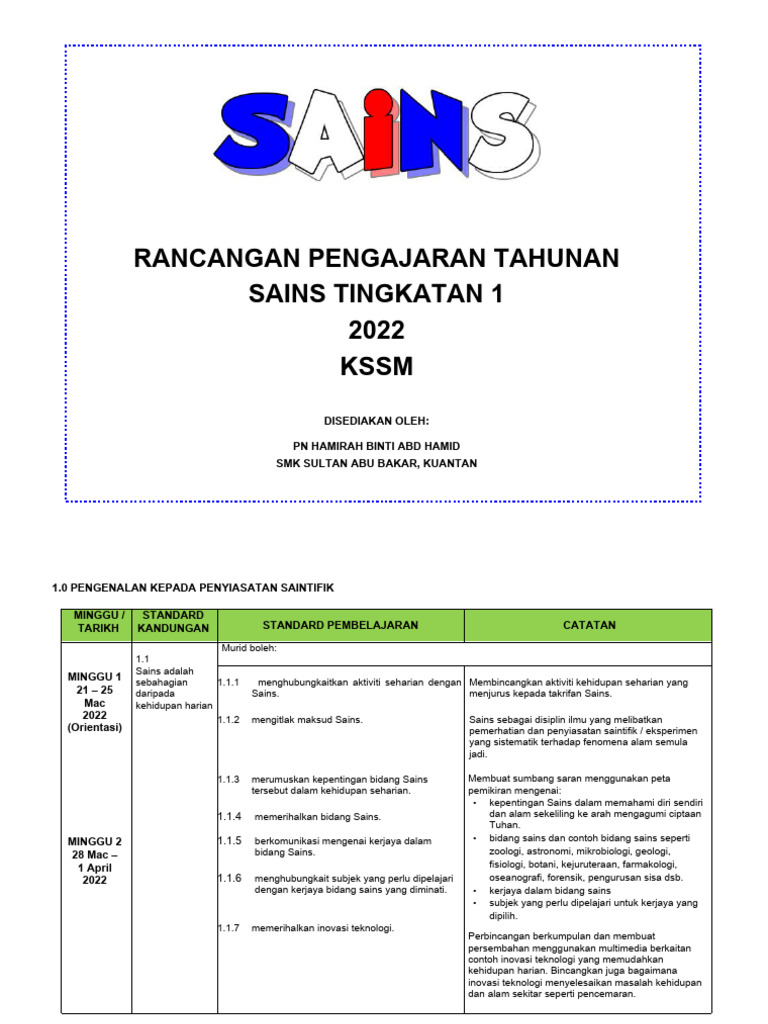 RPT Sains T1 2022-2023 | PDF