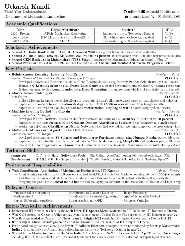 Utkarsh Kandi Resume | PDF | Machine Learning | Numerical Analysis
