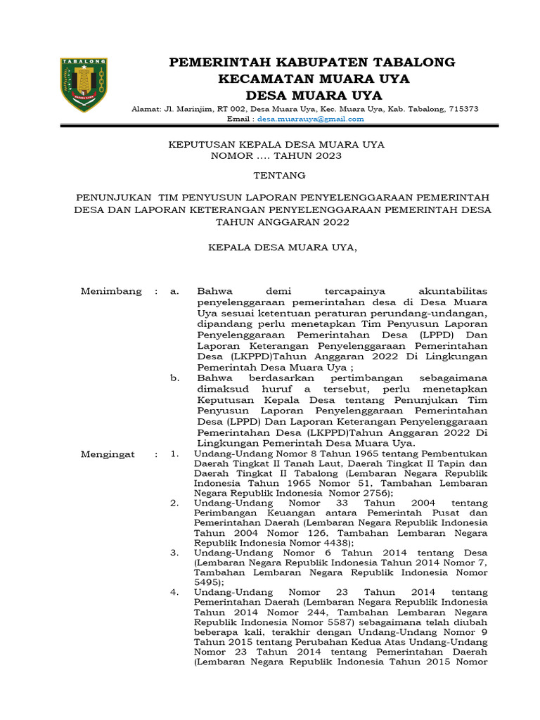 Format Baru SK Pengangkatan Tim Penyusun LPPD & LKPPD Desa | PDF