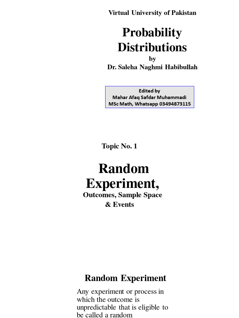 STA642 Handouts Topic 1 To 187 by Mahar Afaq Safdar Muhammad | PDF | Probability Distribution ...