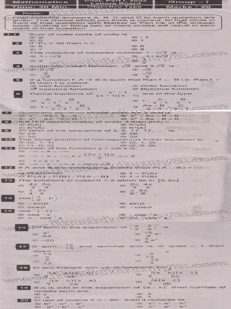Past Paper 2023 Lahore Board Inter Part I Mathematics Group I Objective ...