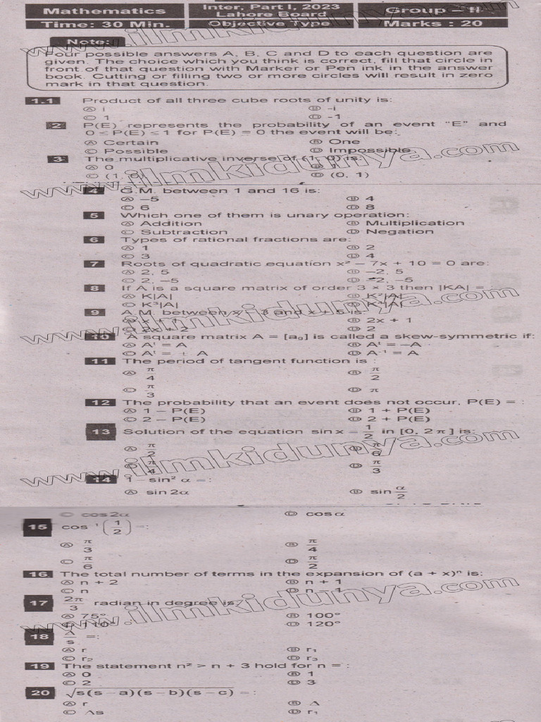 Past Paper 2023 Lahore Board Inter Part I Mathematics Group II ...