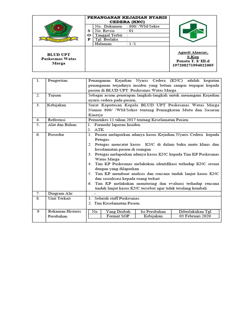 SOP PENANGANAN KEJADIAN NYARIS CEDERA Puskesmas WM | PDF