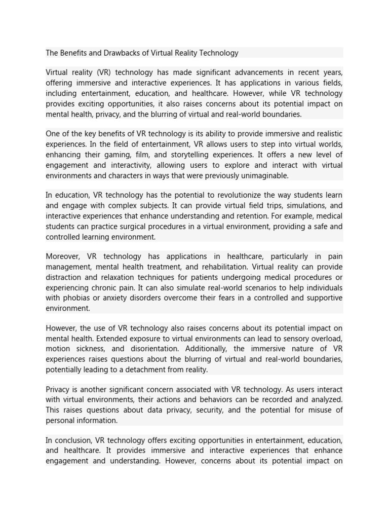 The Benefits and Drawbacks of Virtual Reality Technology | PDF ...