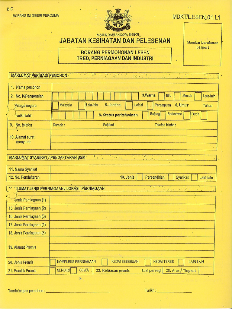 Borang Permohonan Lesen Premis Perniagaan MDKT | PDF