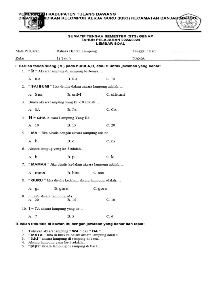 Soal Soal BDL Kelas 1 Sem 2 | PDF