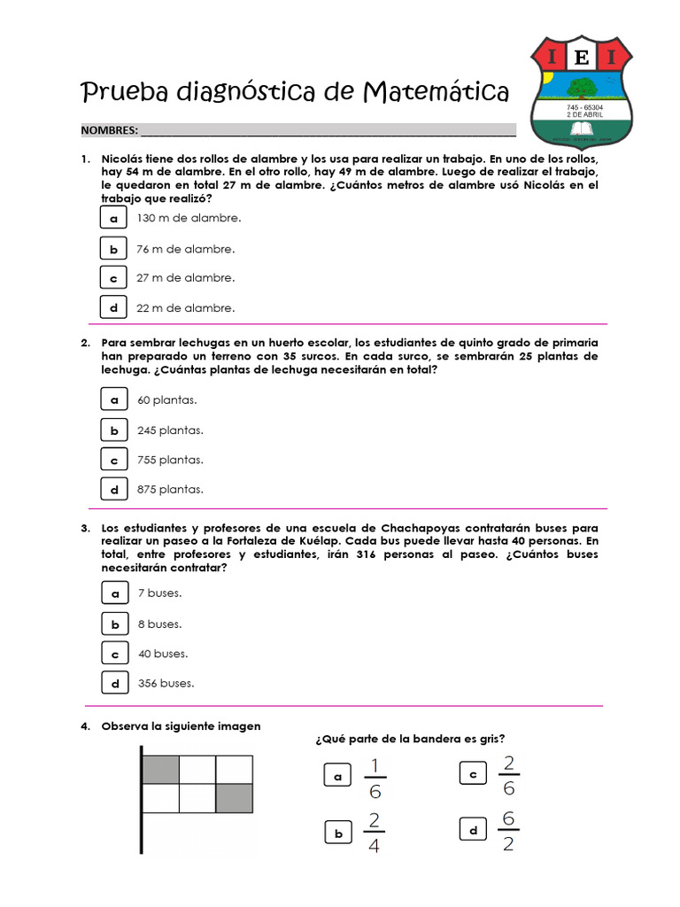Prueba Diagnóstica de Matemática | PDF